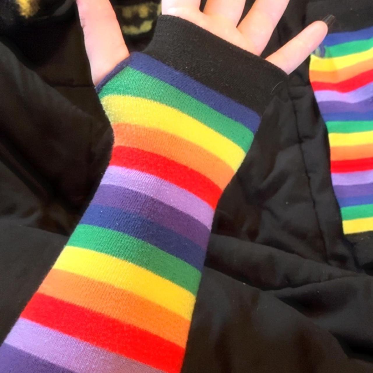 rainbow fingerless arm length gloves tags: #kidcore... - Depop