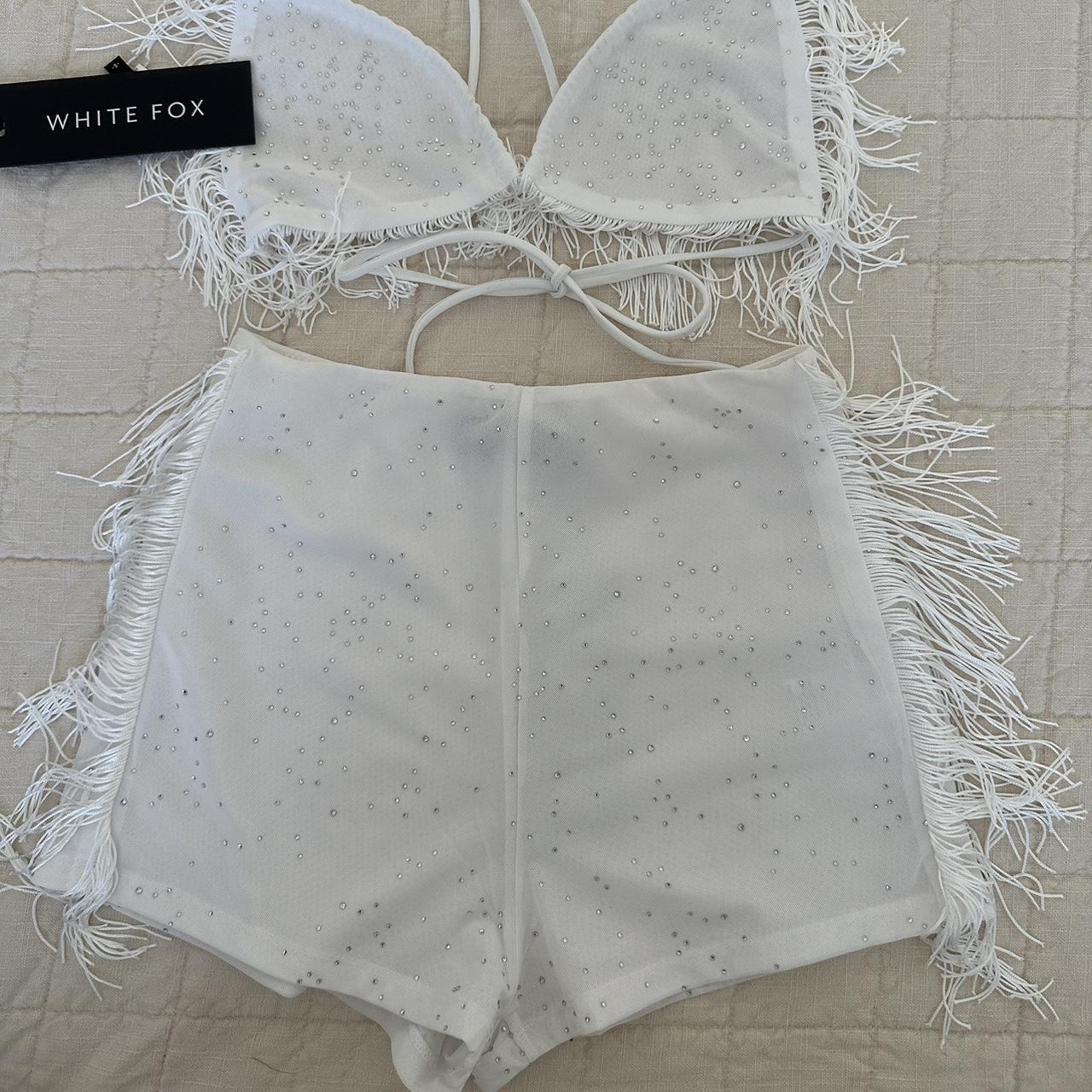 White Fox Bedazzled Bikini Top and Short Set - Depop