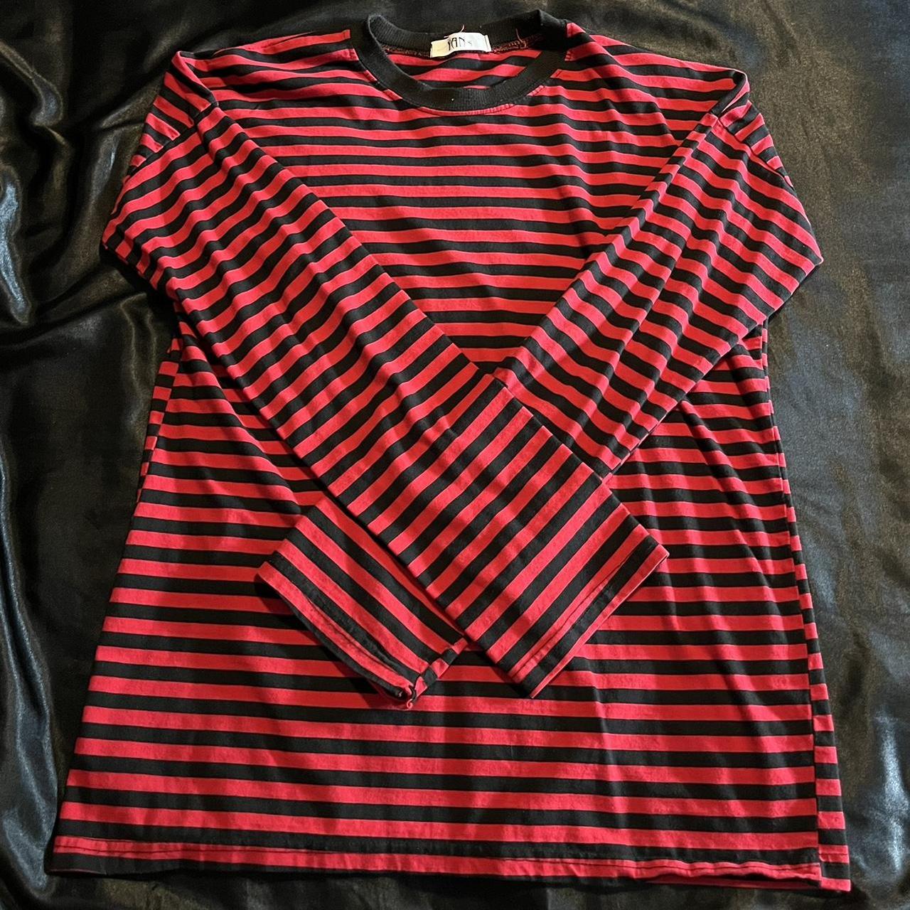 emo red and black striped long sleeve !!the sleeves... - Depop