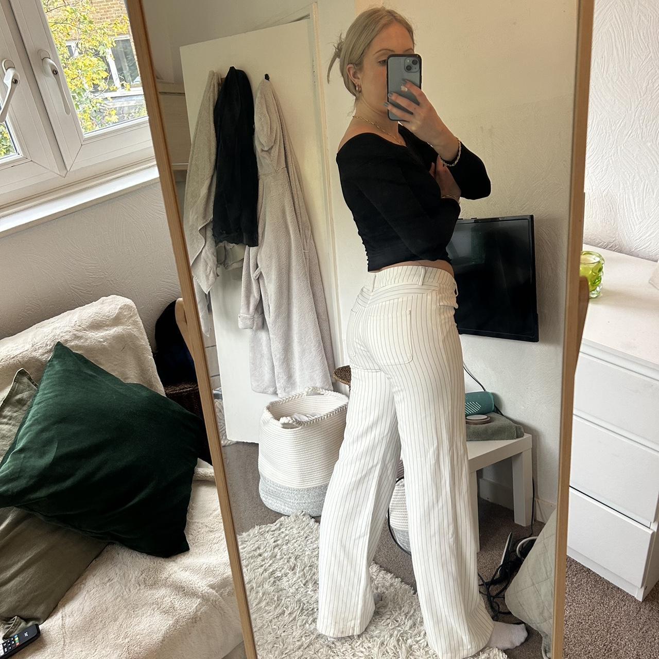 White y2k pinstriped boot cut Venderbys trousers... - Depop