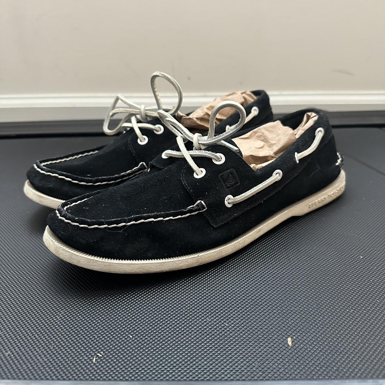 Sperry Boat Shoes - black suede and white leather... - Depop
