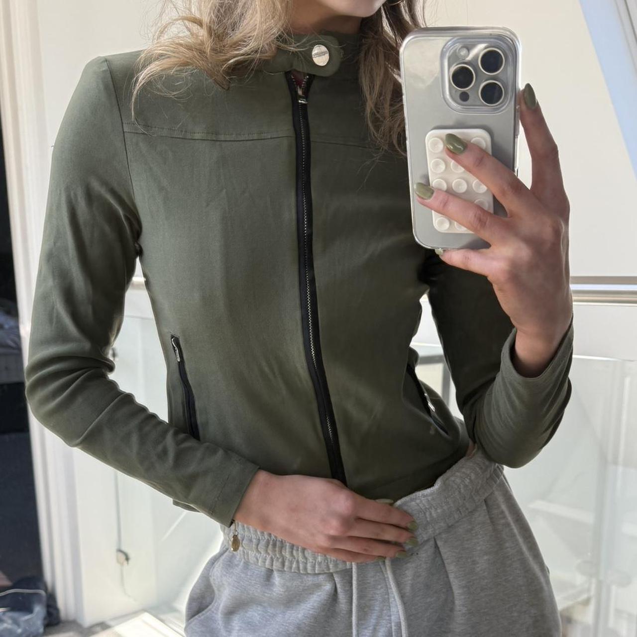 Khaki green zip up track style jacket from Motel in... | Depop