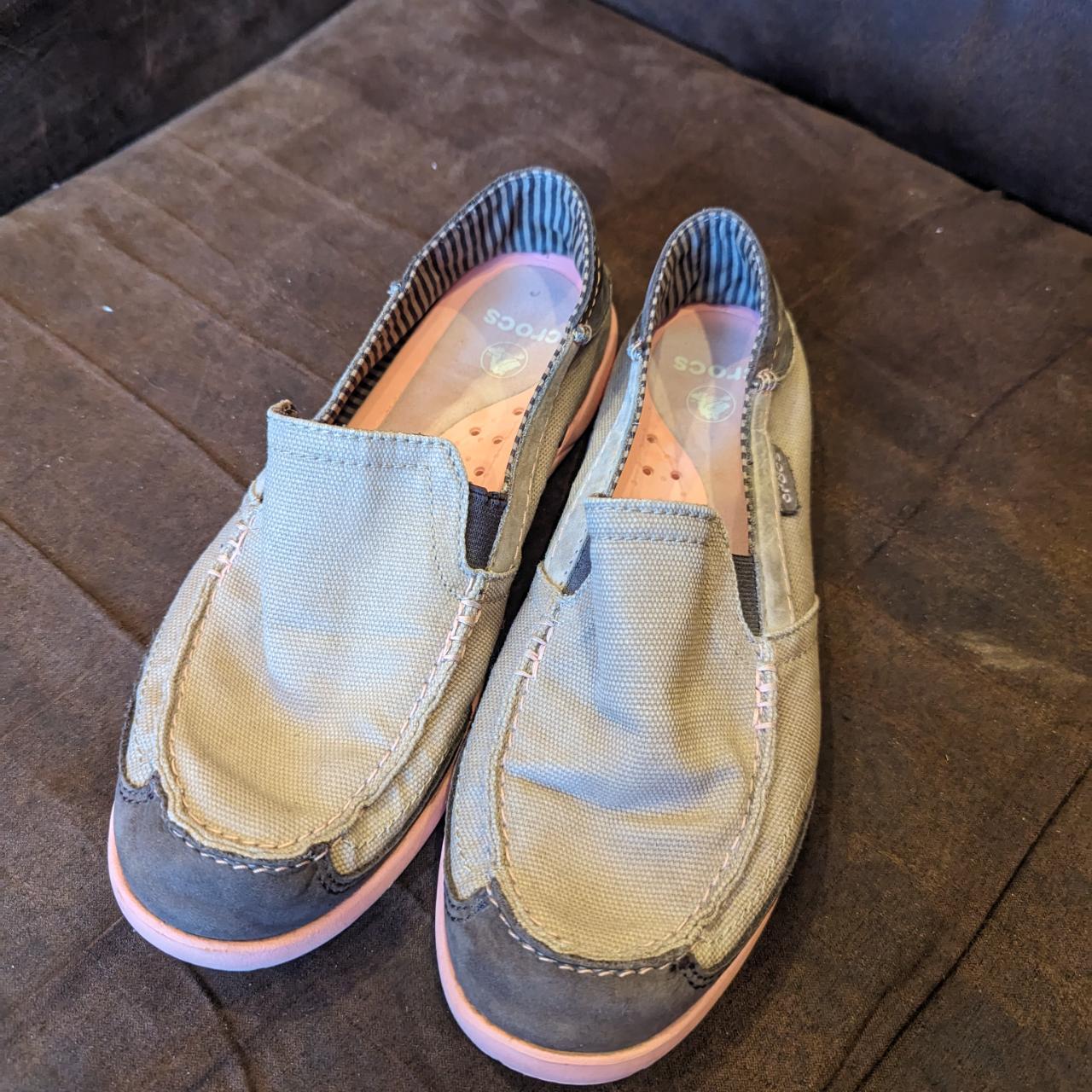 Womens crocs size 8, taupe colored, with pink and... - Depop