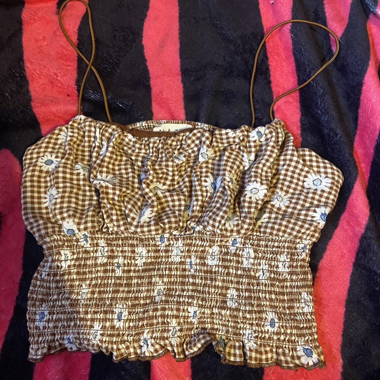 Floral checkered brown scrunched top L.A hearts xs - Depop