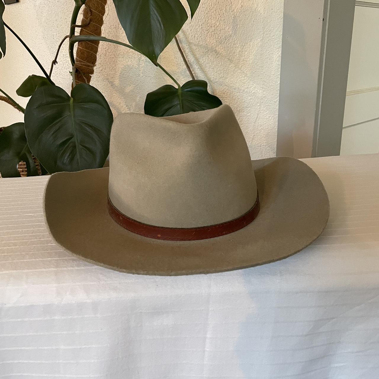 ORVIS brand tan brimmed wool hat. Sz XL. Leather... - Depop