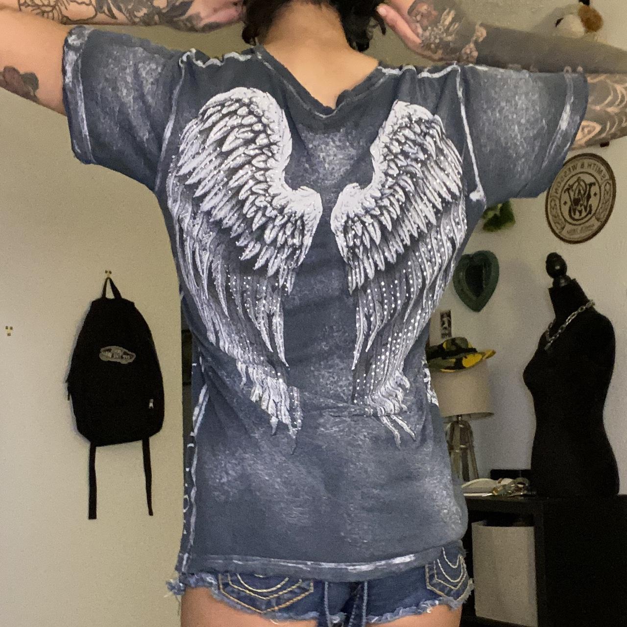 Affliction angel wings jeweled top size extra large - Depop