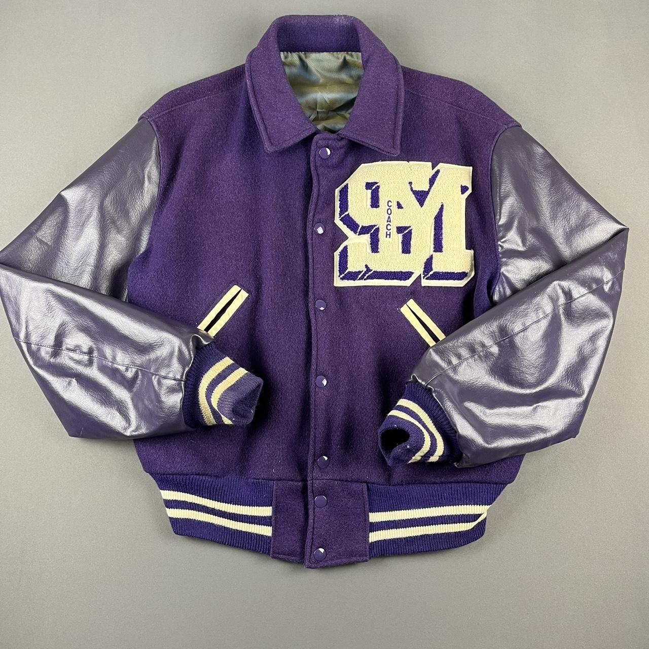 Vintage No tag Purple Letterman Varsity Jacket with... | Depop