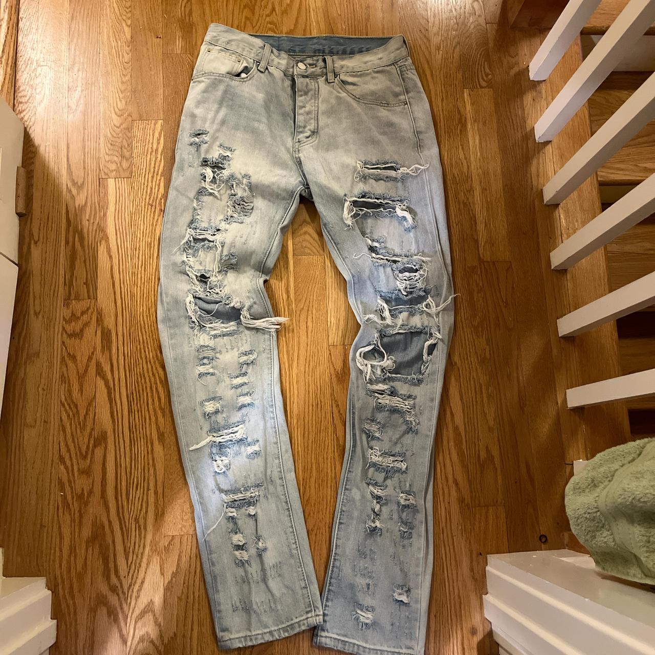mnml crazy ripped light wash denim | skinny fit 31x... - Depop