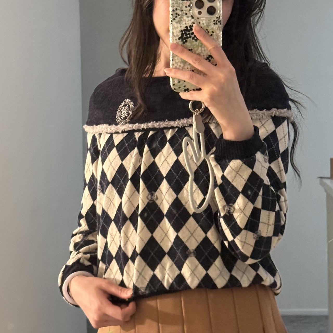 Axes Femme argyle navy blue and cream sweater with... | Depop