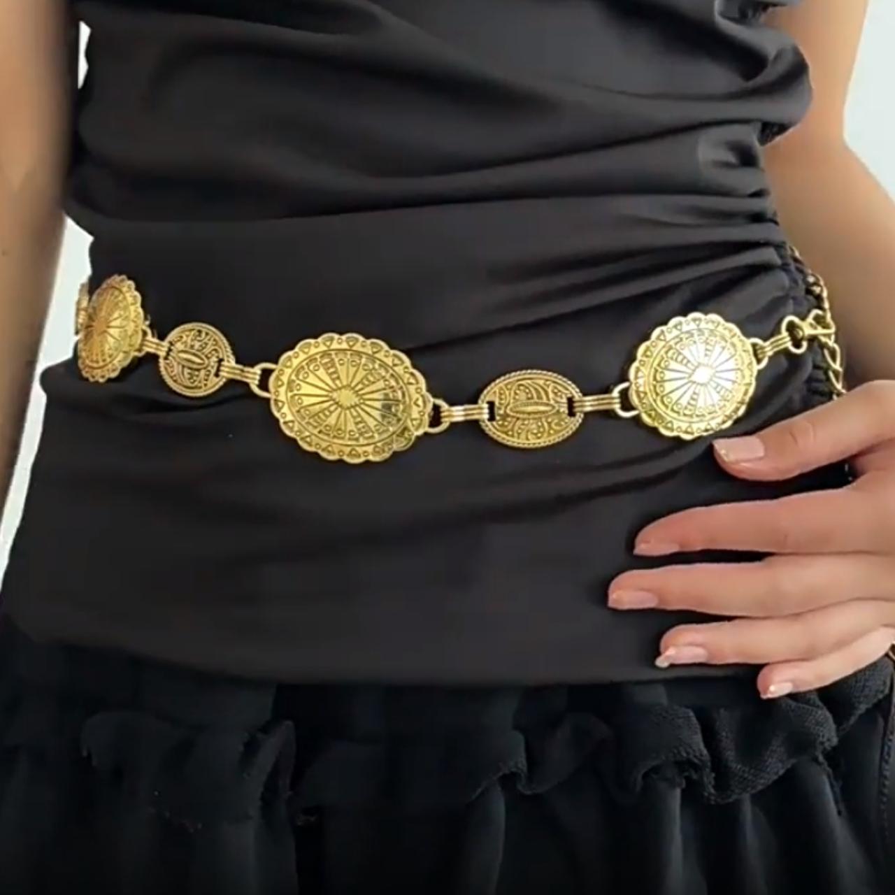 Retro multi-element engraved waist chain, gold y2k... - Depop