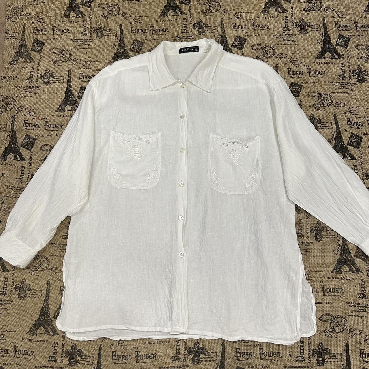 Louis Féraud White 100% Linen Embroidery Button Up... - Depop