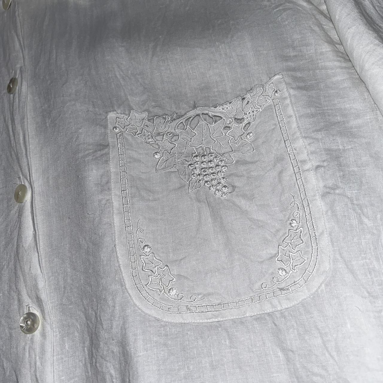 Louis Féraud White 100% Linen Embroidery Button Up... - Depop