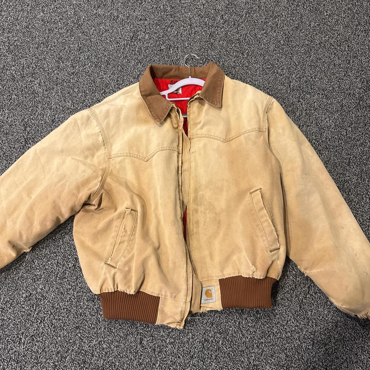 Vintage distressed zip up Carhartt beige jacket... - Depop
