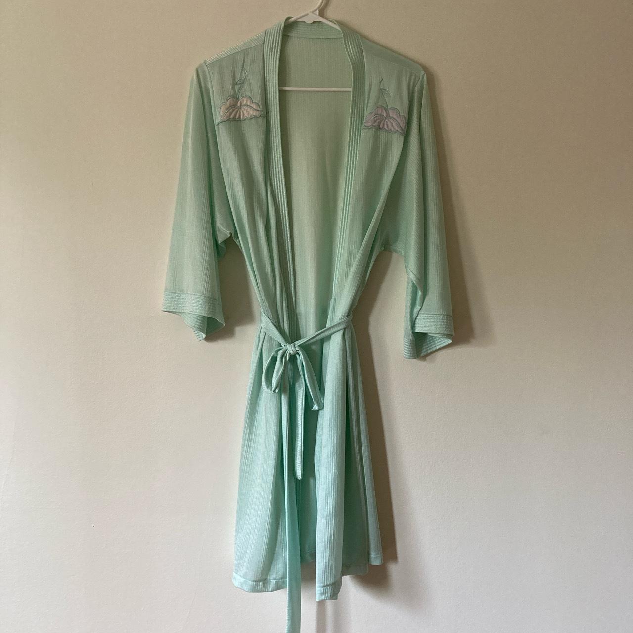 Gorgeous vintage mint green satin robe with floral... - Depop