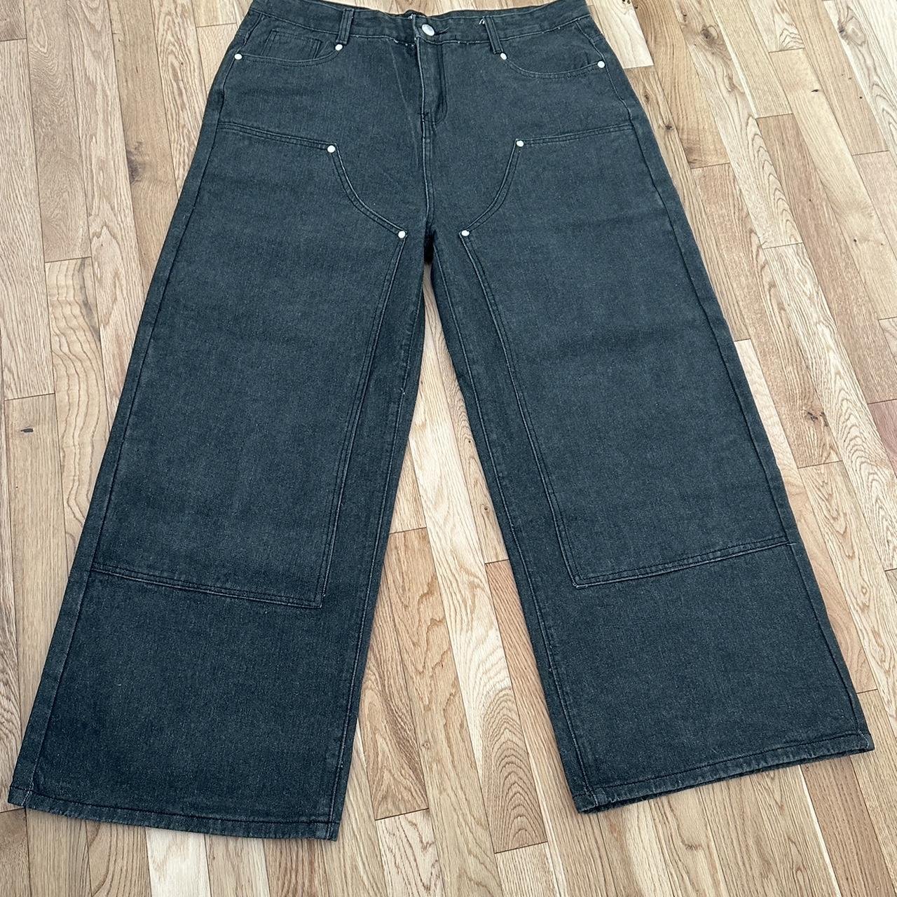 Nickitten grey double knees with dope embroidery on... - Depop