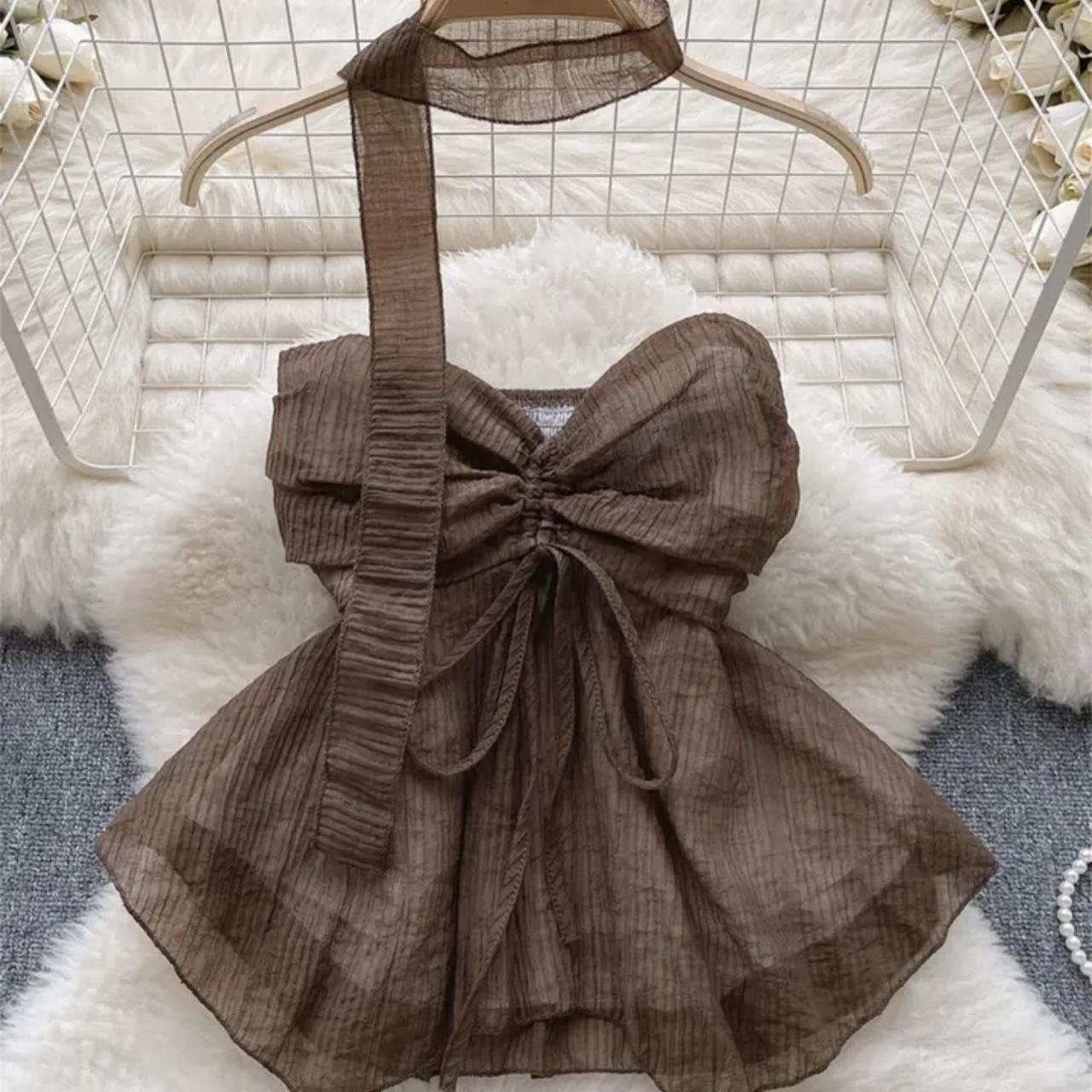 Chiffon Halter Ribbons Drawstring Lace Up Bow Tube Top - Depop