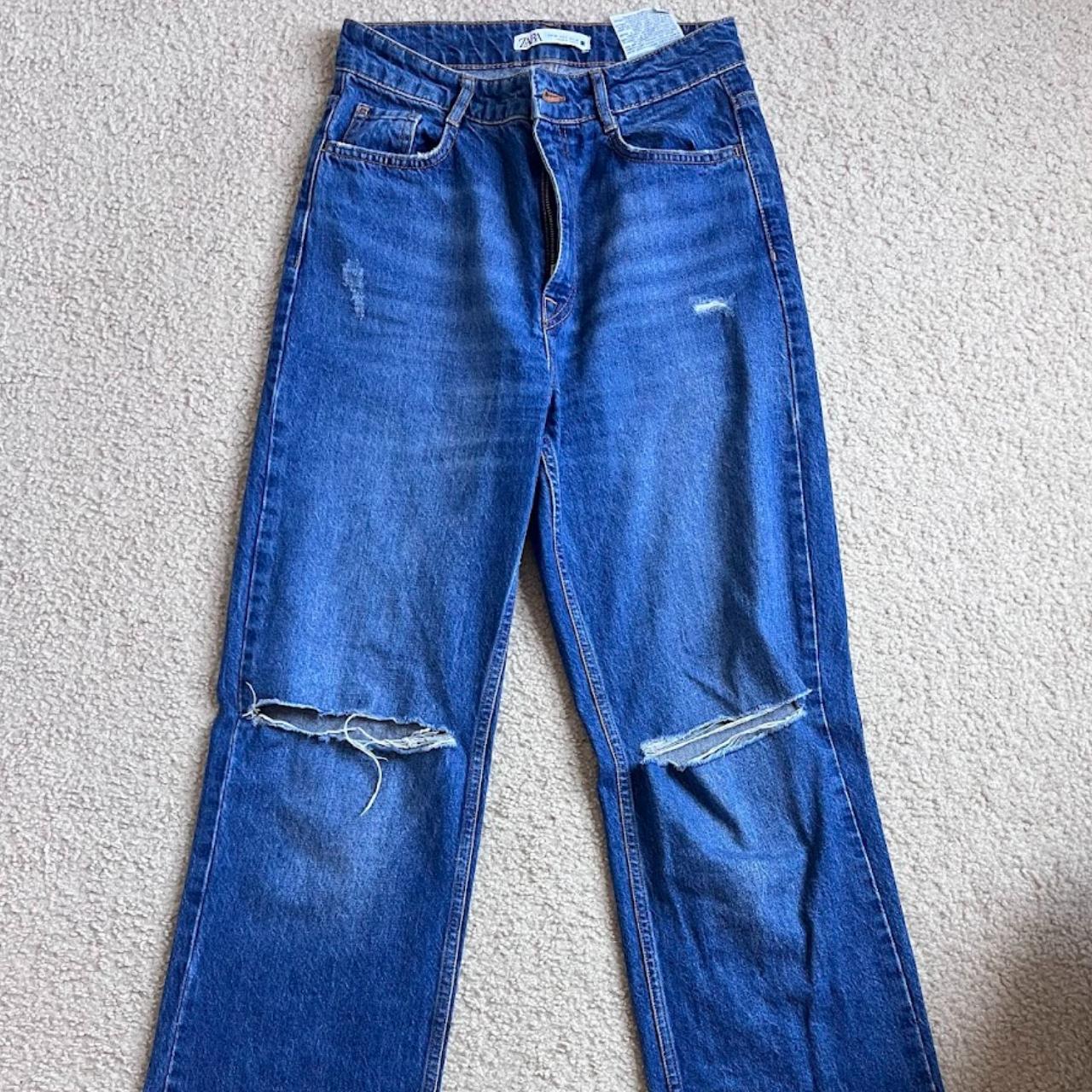 Zara High Rise Wide Leg Dark Wash Jeans W Knee Depop