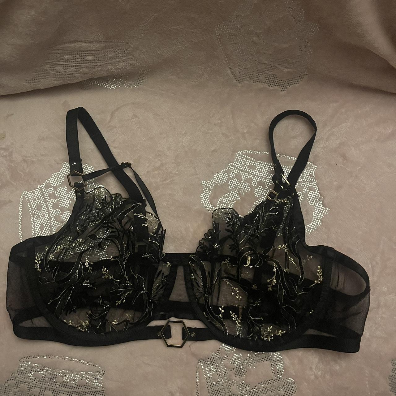 Madeline black and silver lace bra with mesh and... - Depop