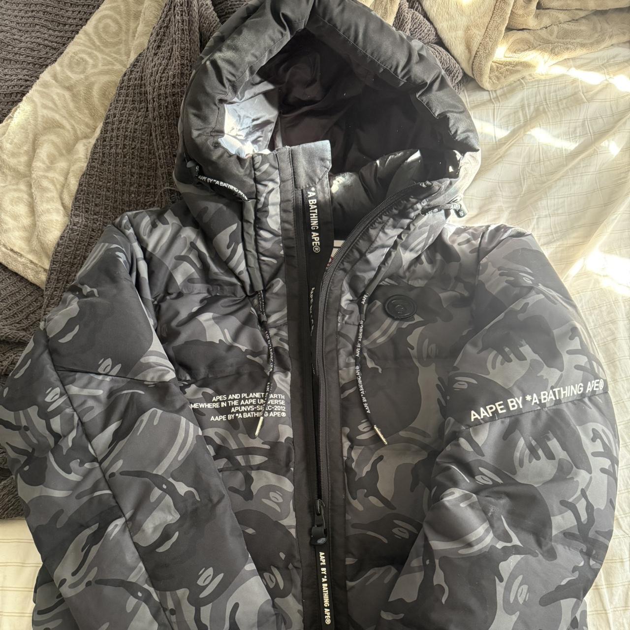 Grey and black BAPE camo puffer jacket #jacket... | Depop