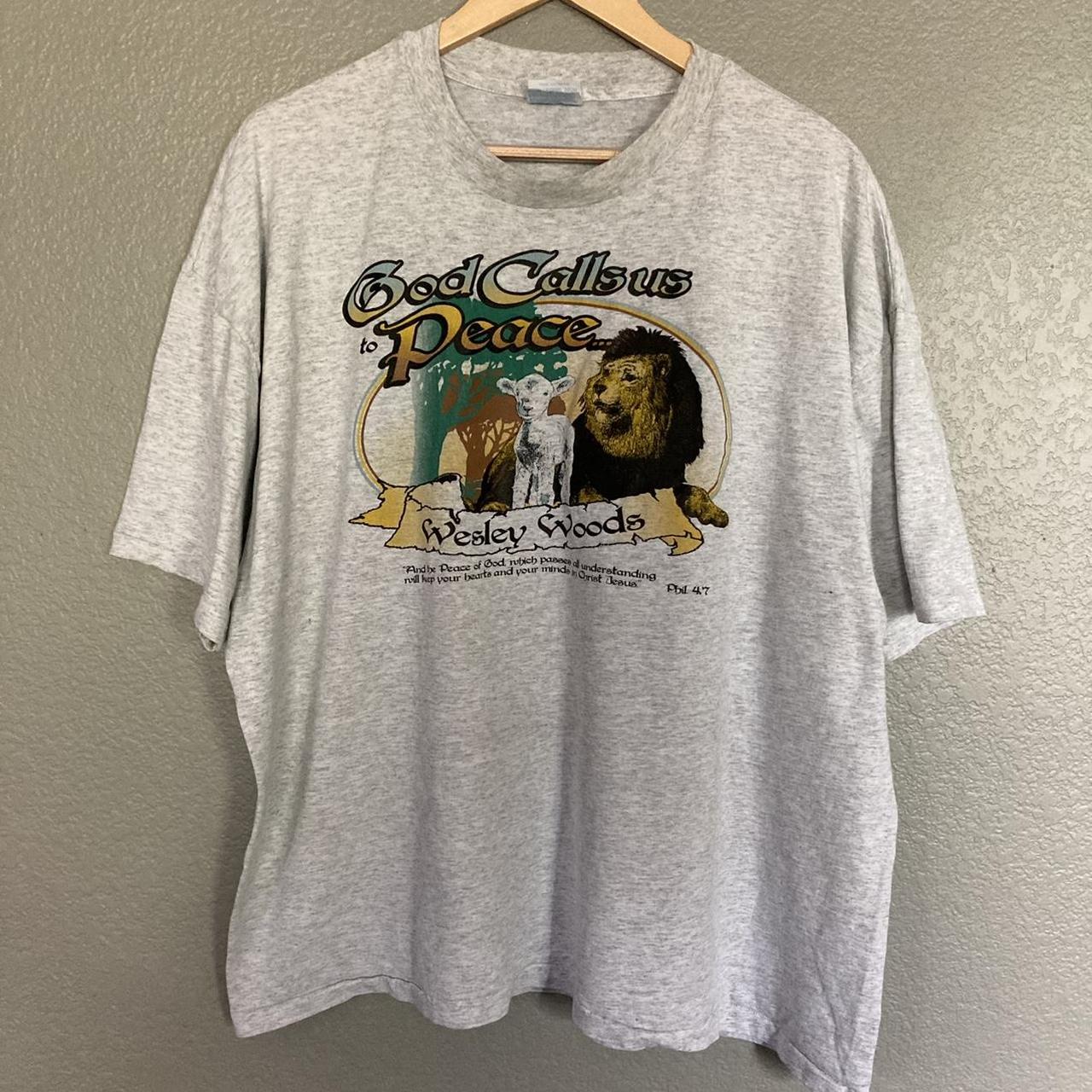 90s Religion Graphic Tee “God calls us to peace”... - Depop