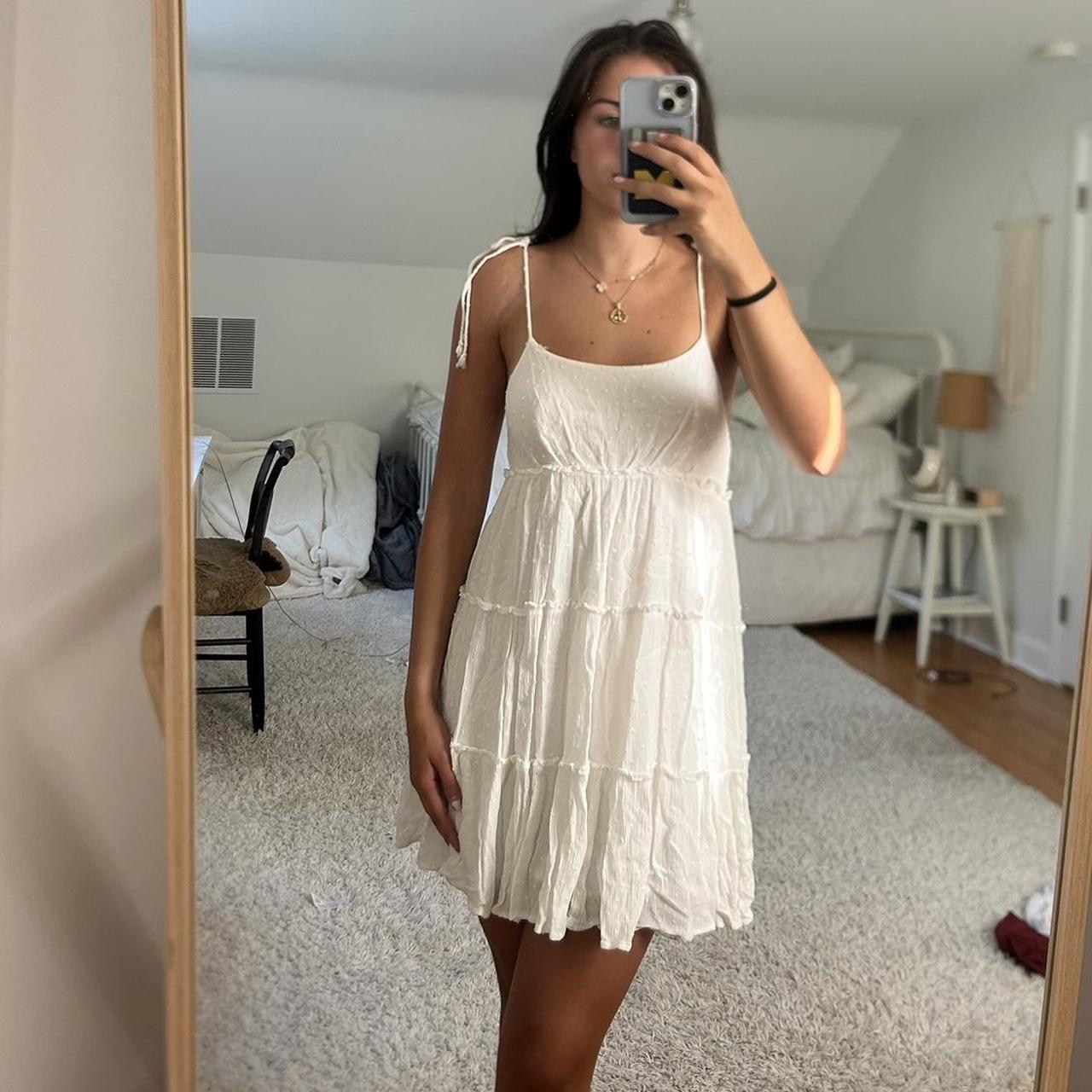 White Flowy Sundress with Polka Dot Texture - Depop