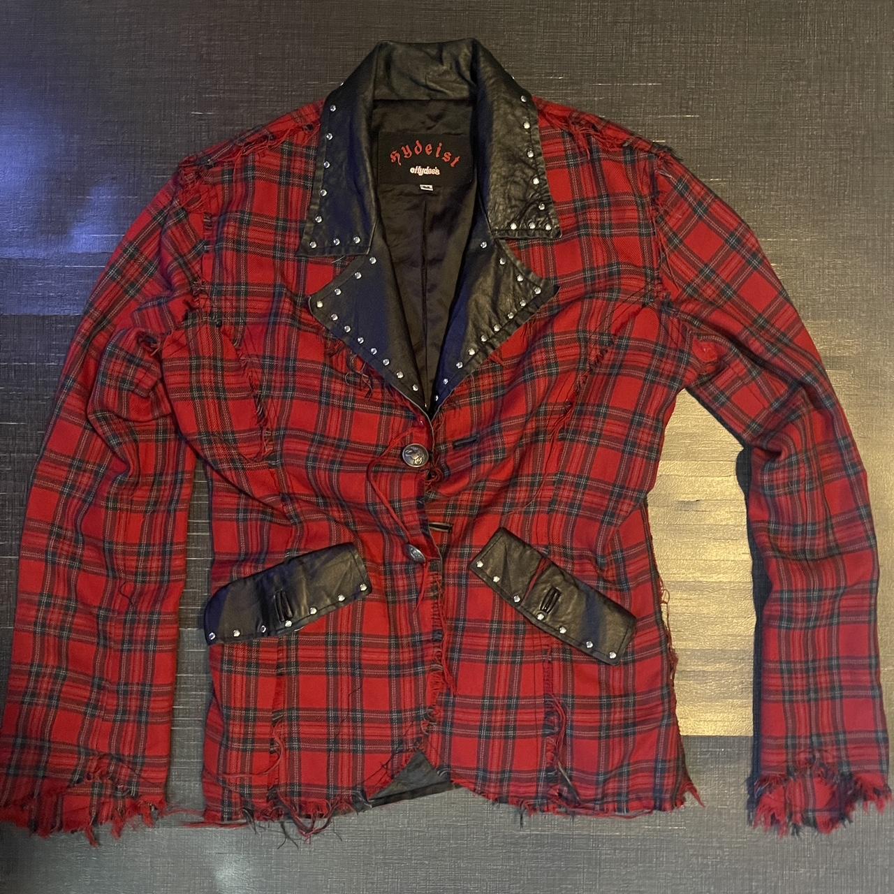Red tartan jacket punk style tagged as M but fits as... - Depop
