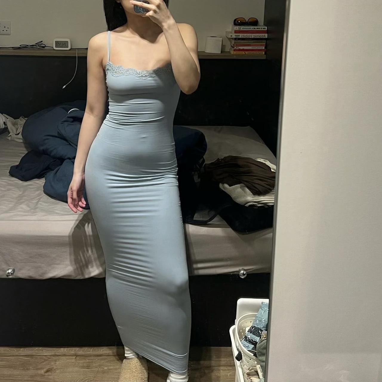 Skims Fits Everybody Lace Long Slip Dress in Blue... - Depop
