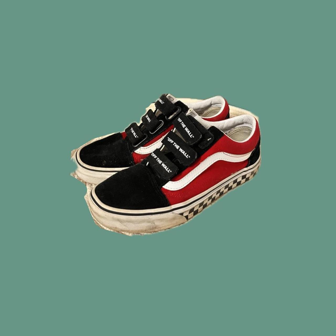 red black and white checkered sole velcro vans size... - Depop