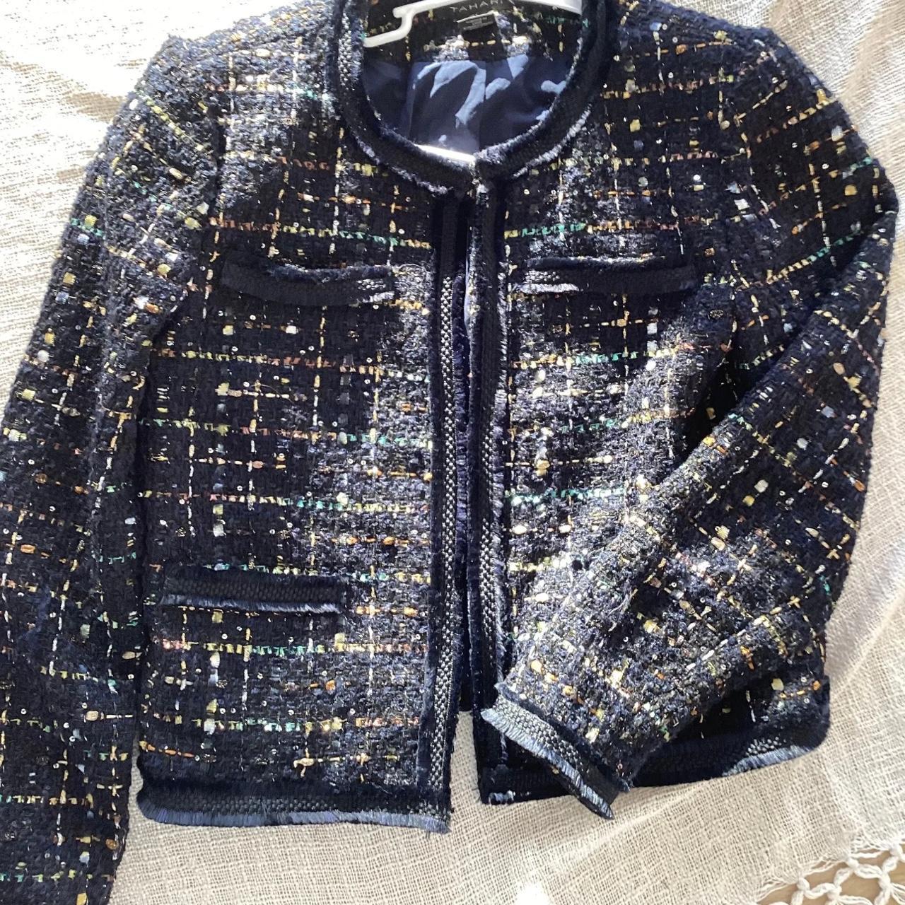 Navy and gold tweed jacket with a touch of glamour... | Depop