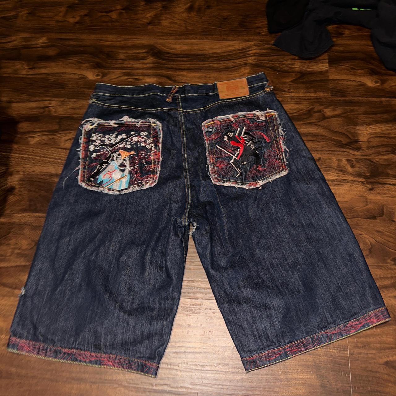 CUSTOM EMBROIDERED JORTS Red and yellow embroidered... - Depop
