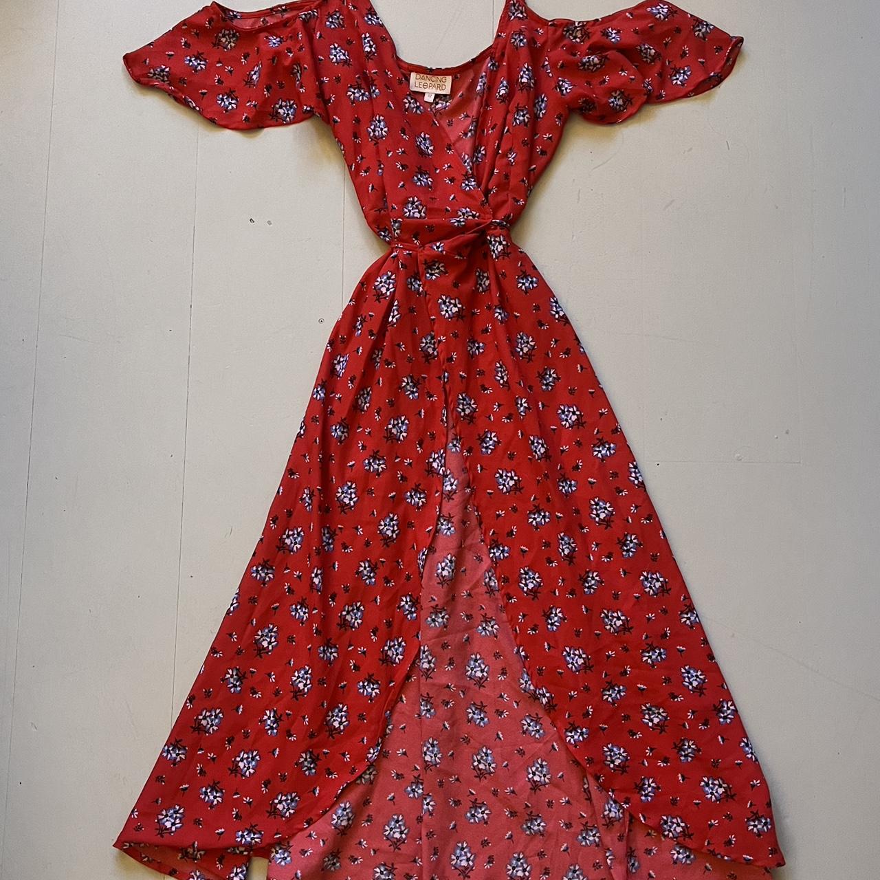 Dancing leopard wrap red dress with blue floral... - Depop