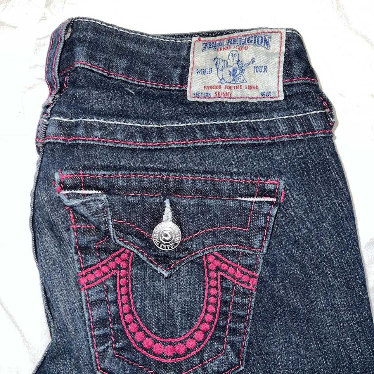 SIZE 26 TRUE RELIGION DENIM WITH PINK AND WHITE... - Depop