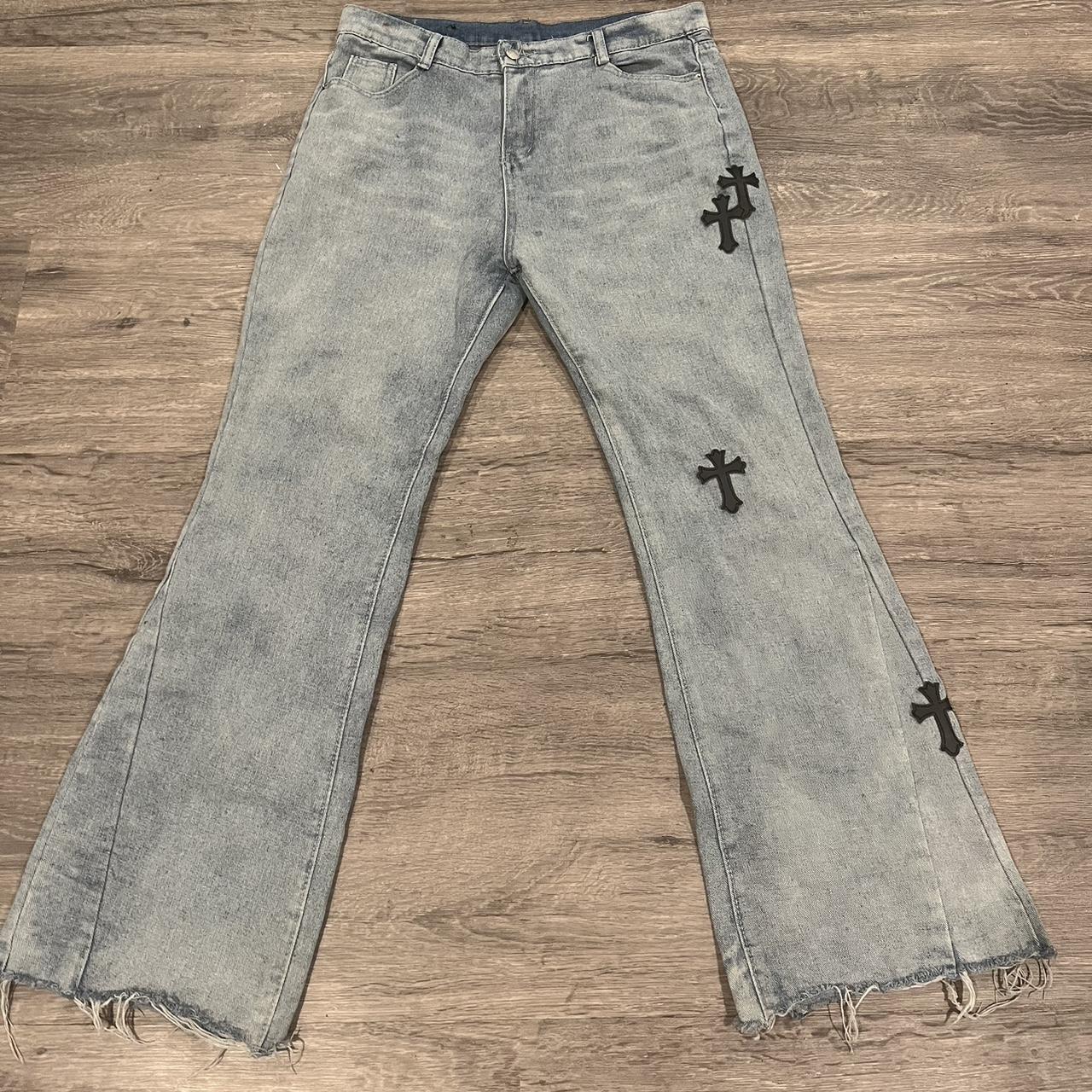 FLARED CHROME HEARTS STYLE jeans w/ black crosses... - Depop