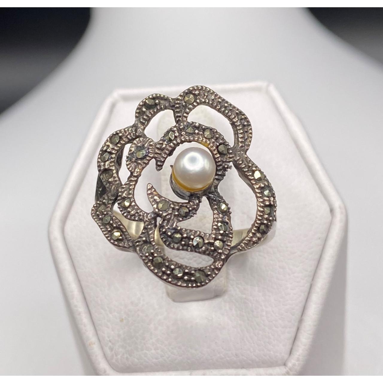 Marcasite Pearl floral ring Stamped: 925... - Depop