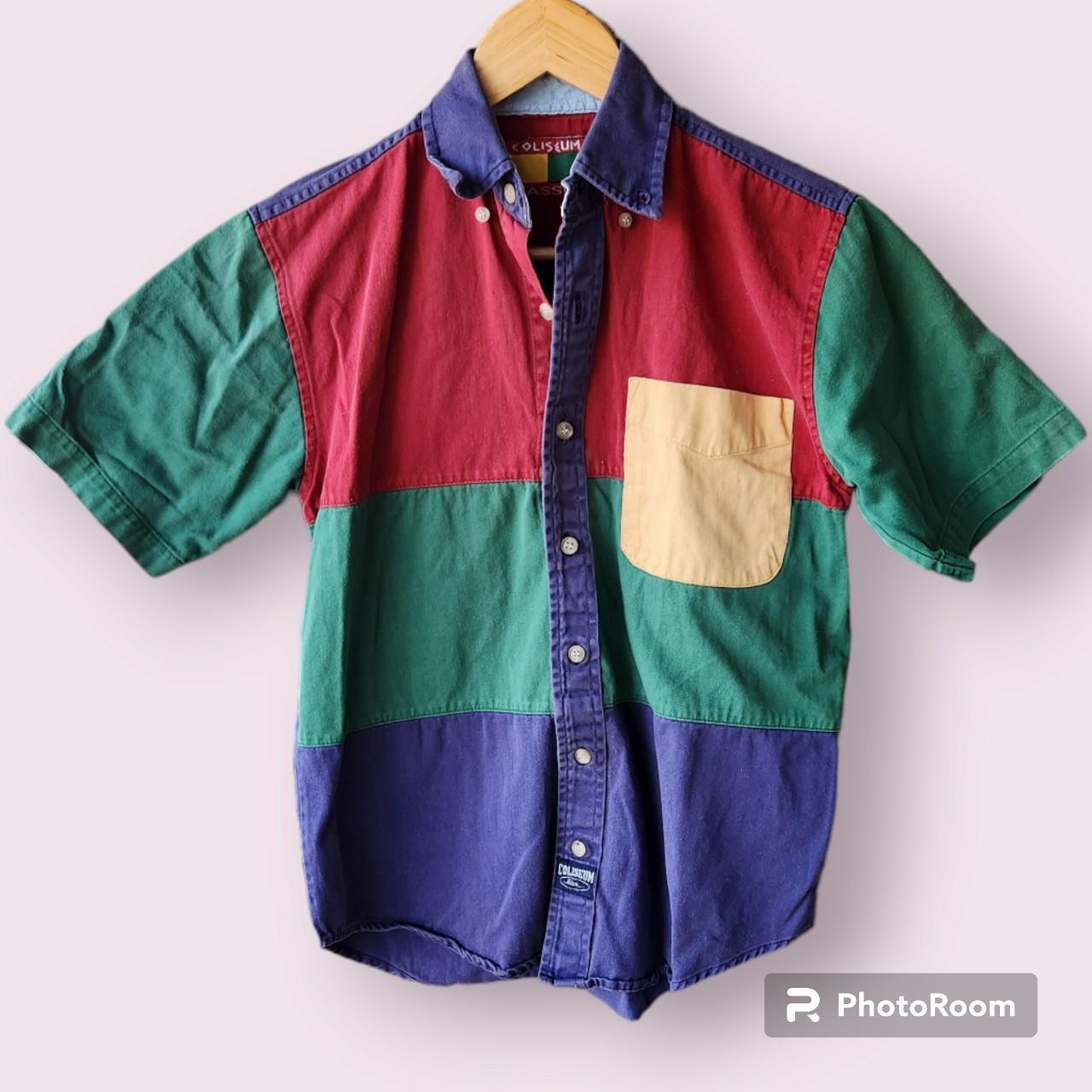 90s color block denim button-up tee. Tortoise shell... - Depop