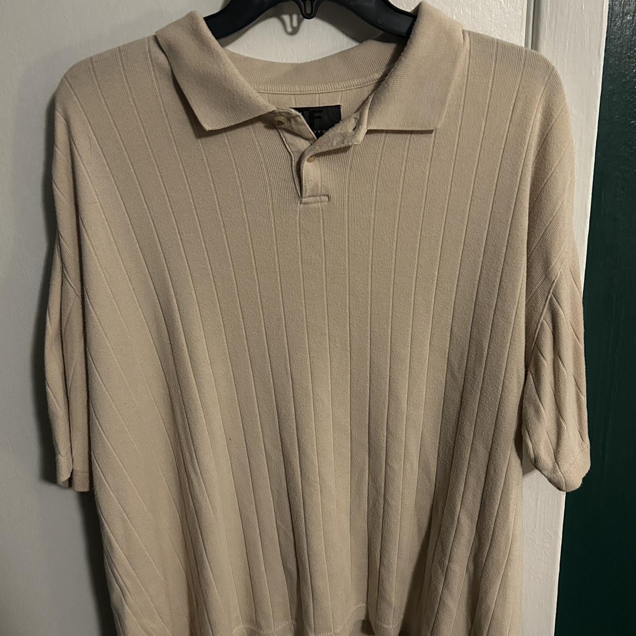 J. Ferrar - Cream Vertical Ribbed Knit Polo 60%... - Depop