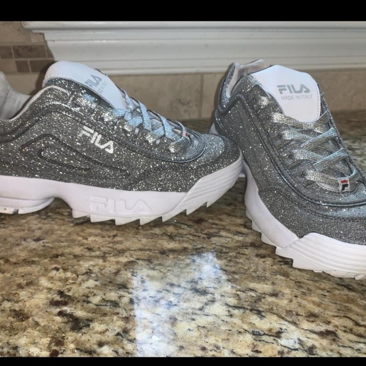 Silver sparkly platform fila sneakers - Depop