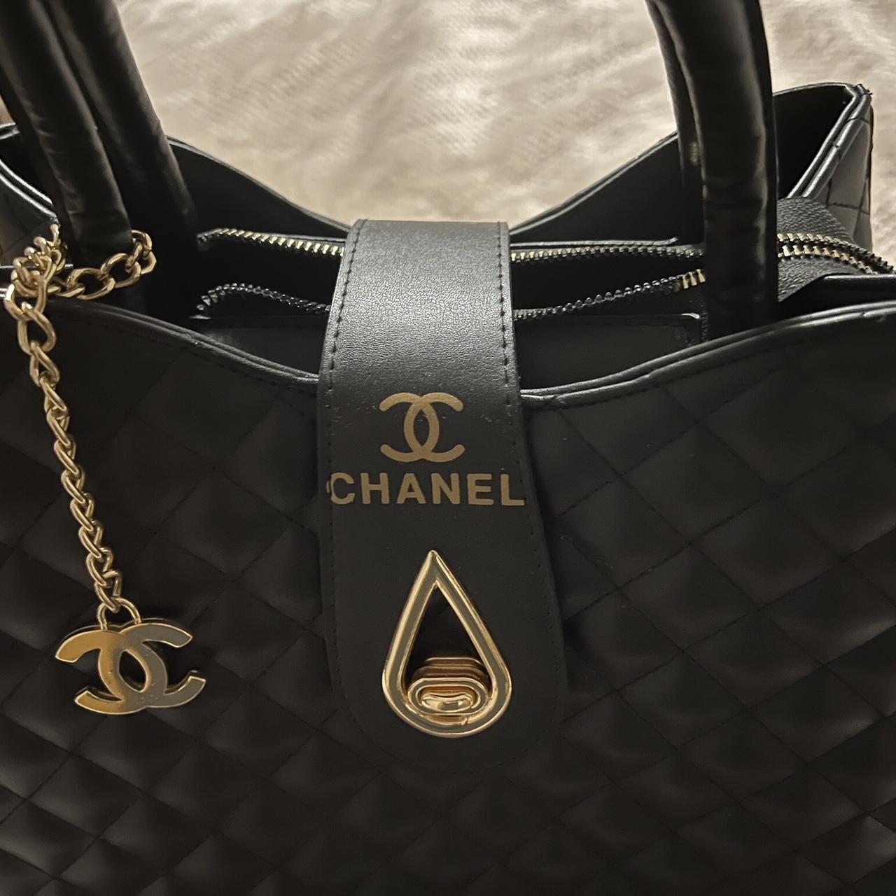 Chanel black structured handbag, medium size in... - Depop