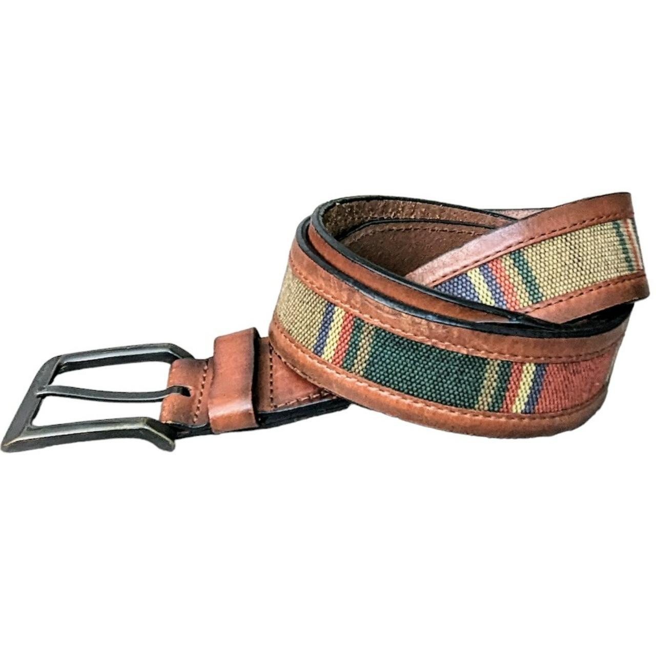 Columbia Brown Leather Belt Colorful Woven Fabric... - Depop