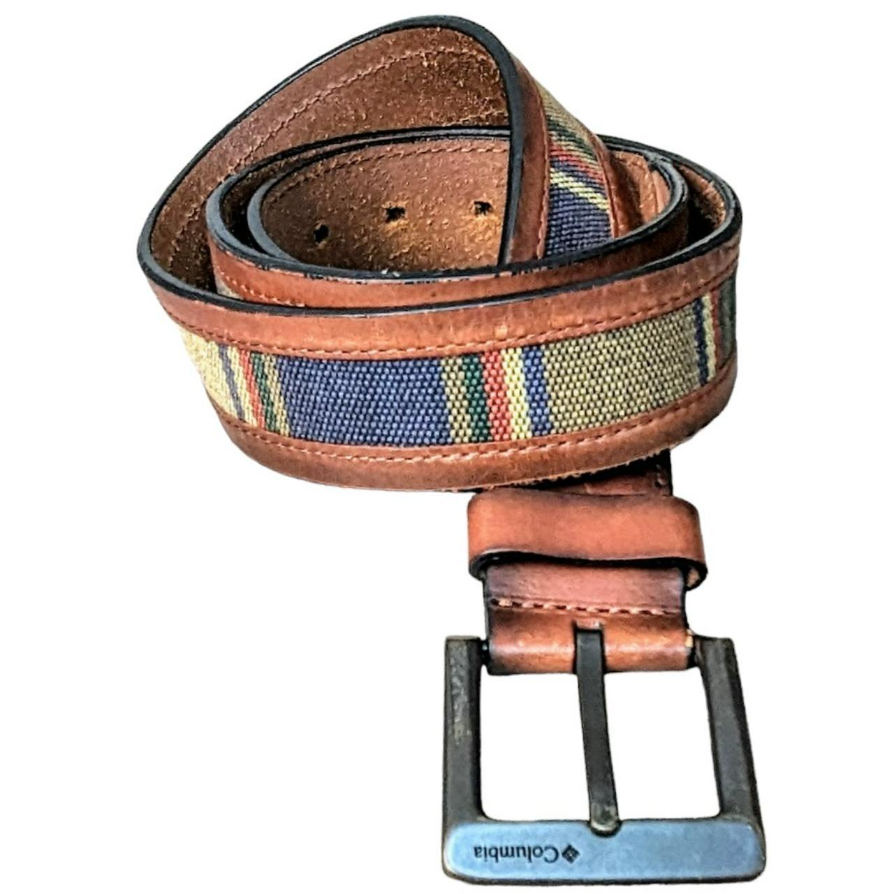 Columbia Brown Leather Belt Colorful Woven Fabric... - Depop