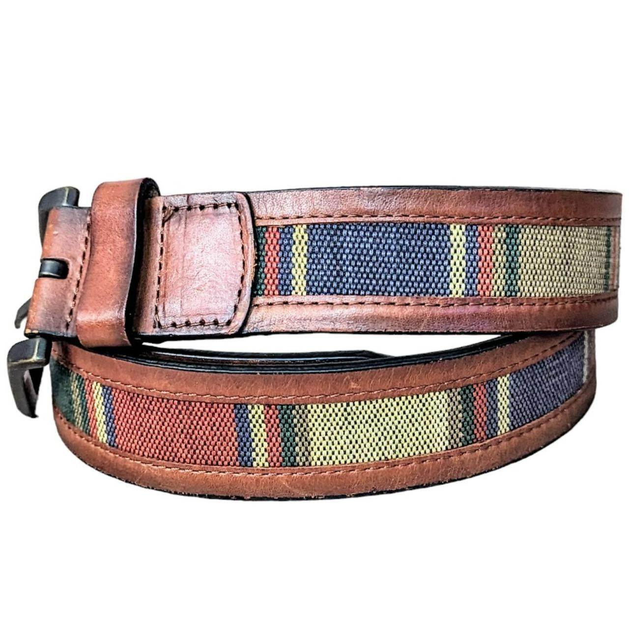 Columbia Brown Leather Belt Colorful Woven Fabric... - Depop