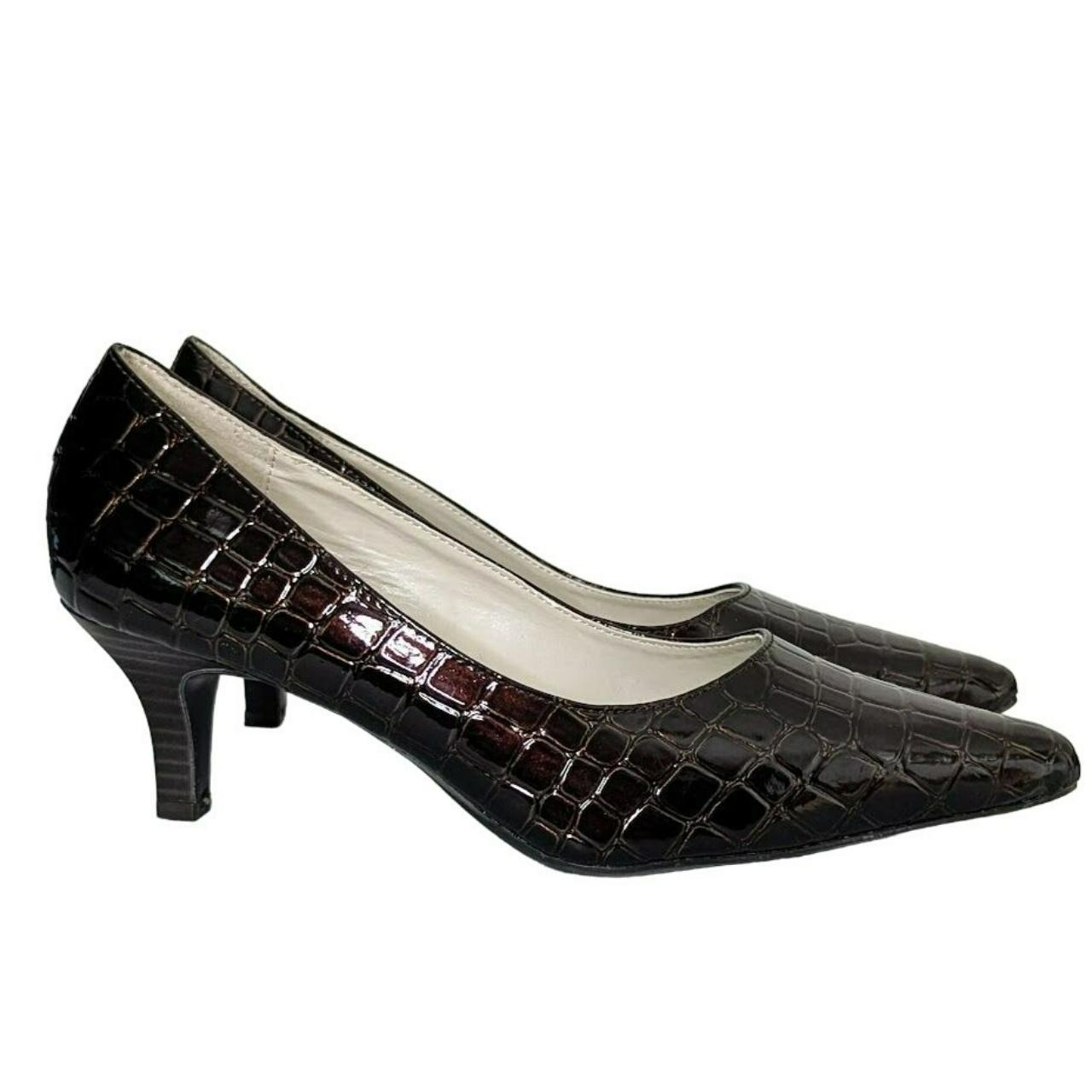 Kitten Heel Pumps Pointed Toe Croc Embossed Brown... - Depop