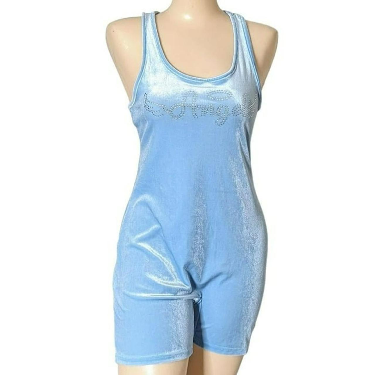 Blue Velour Romper Onesie Stretch Knit Sleeveless... - Depop