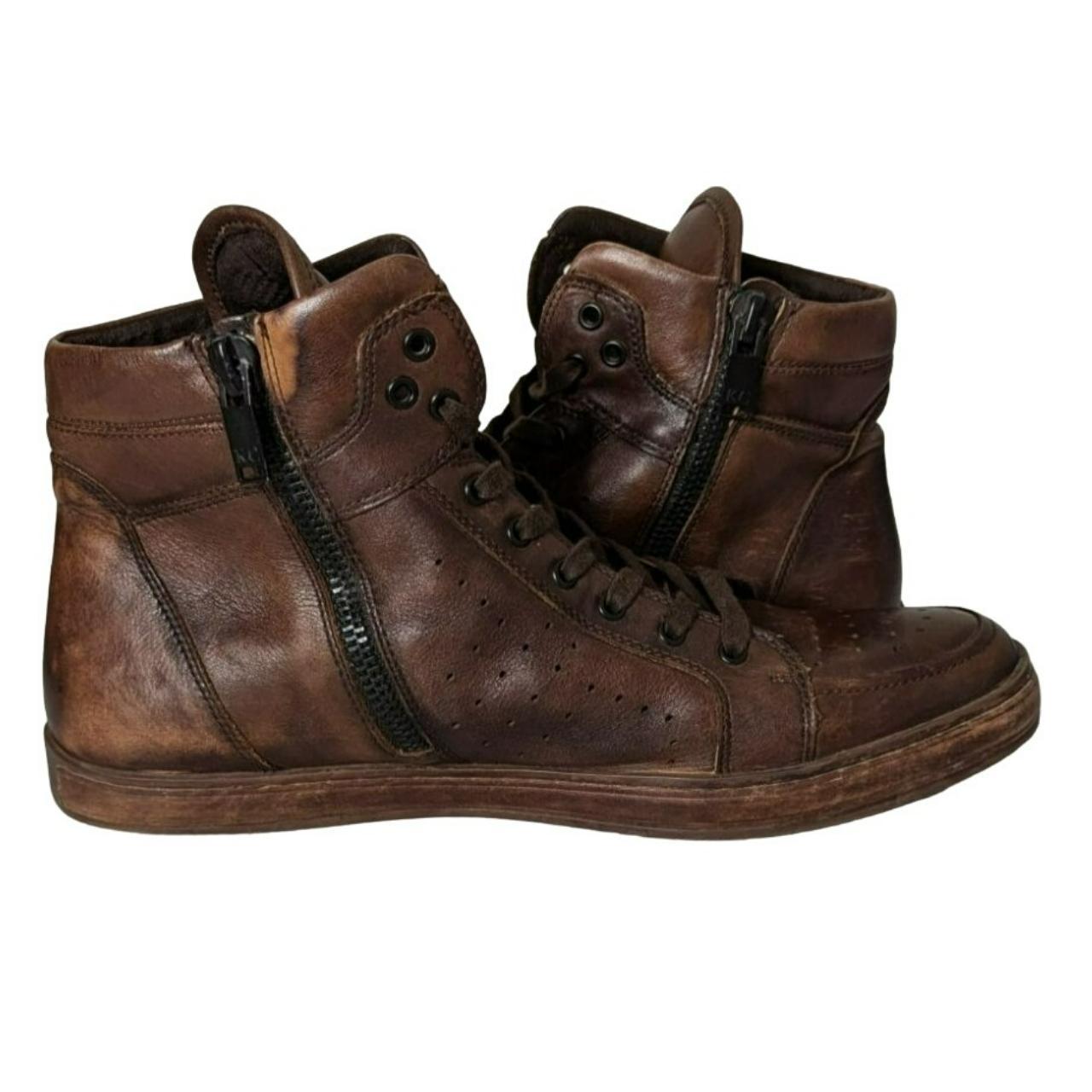 Retro Brown Leather High Top Sneakers Lace Up Side... - Depop