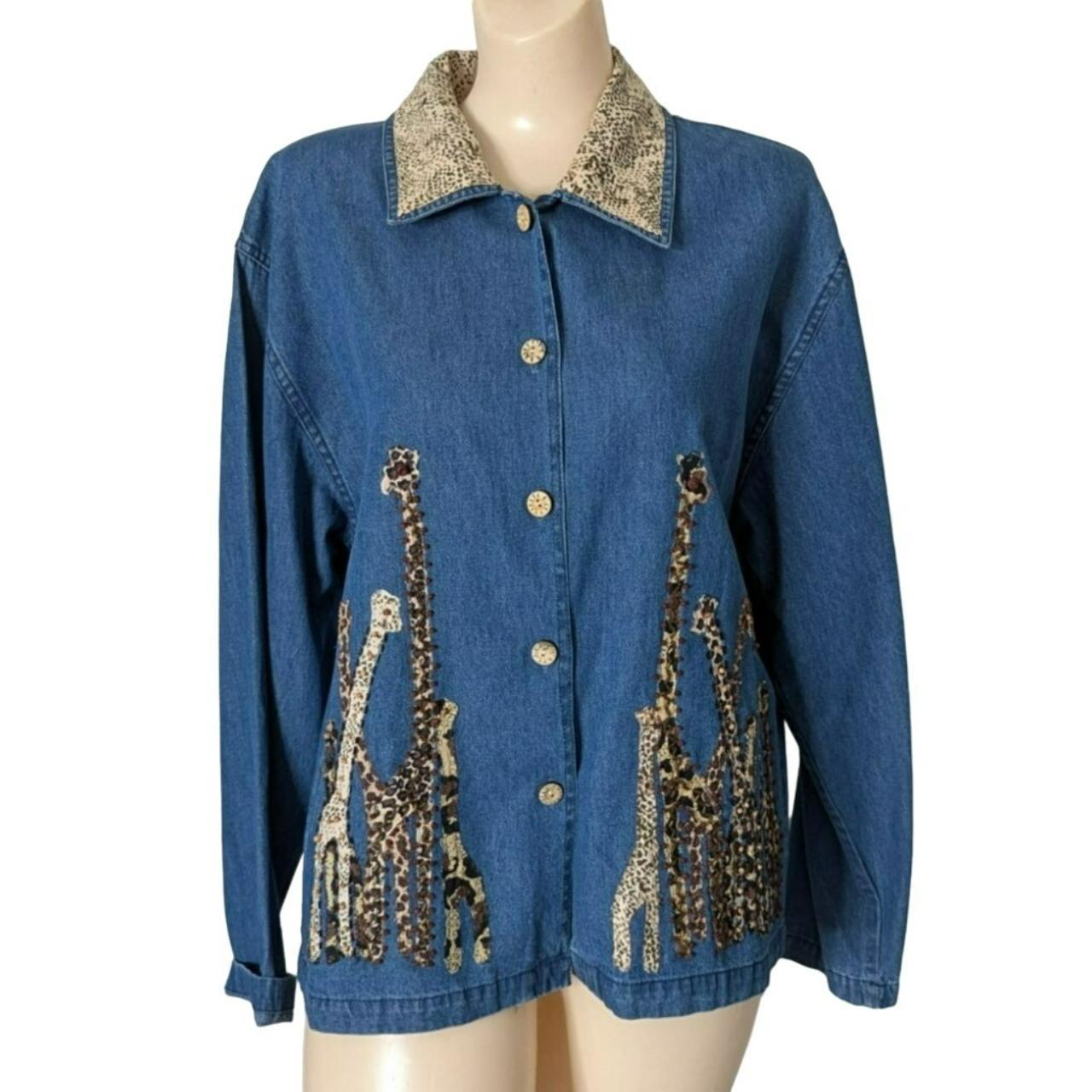 Vintage Denim Giraffe Jacket Leopard Print Collar... - Depop