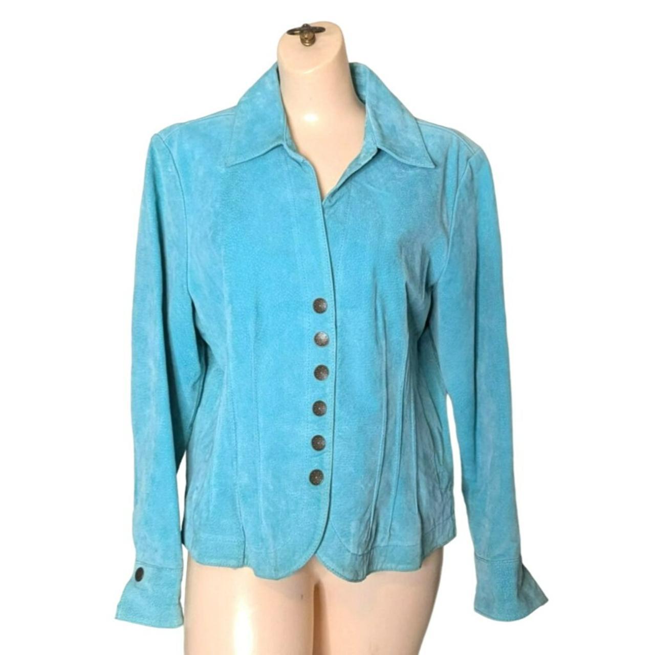 Womens Turquoise Suede Jacket Snap Front Tailored... - Depop