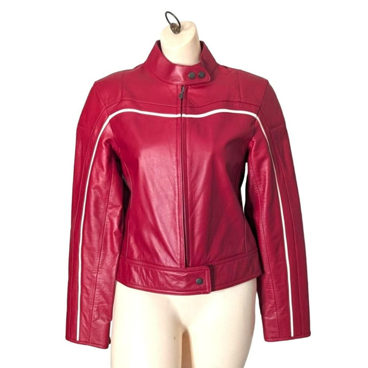 Womens Red Leather Moto Jacket Racing Cropped Size... - Depop