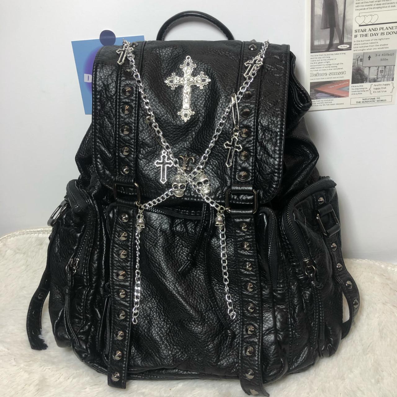 Y2K Large Capacity Backpack, Black Skull Cross Chain... - Depop