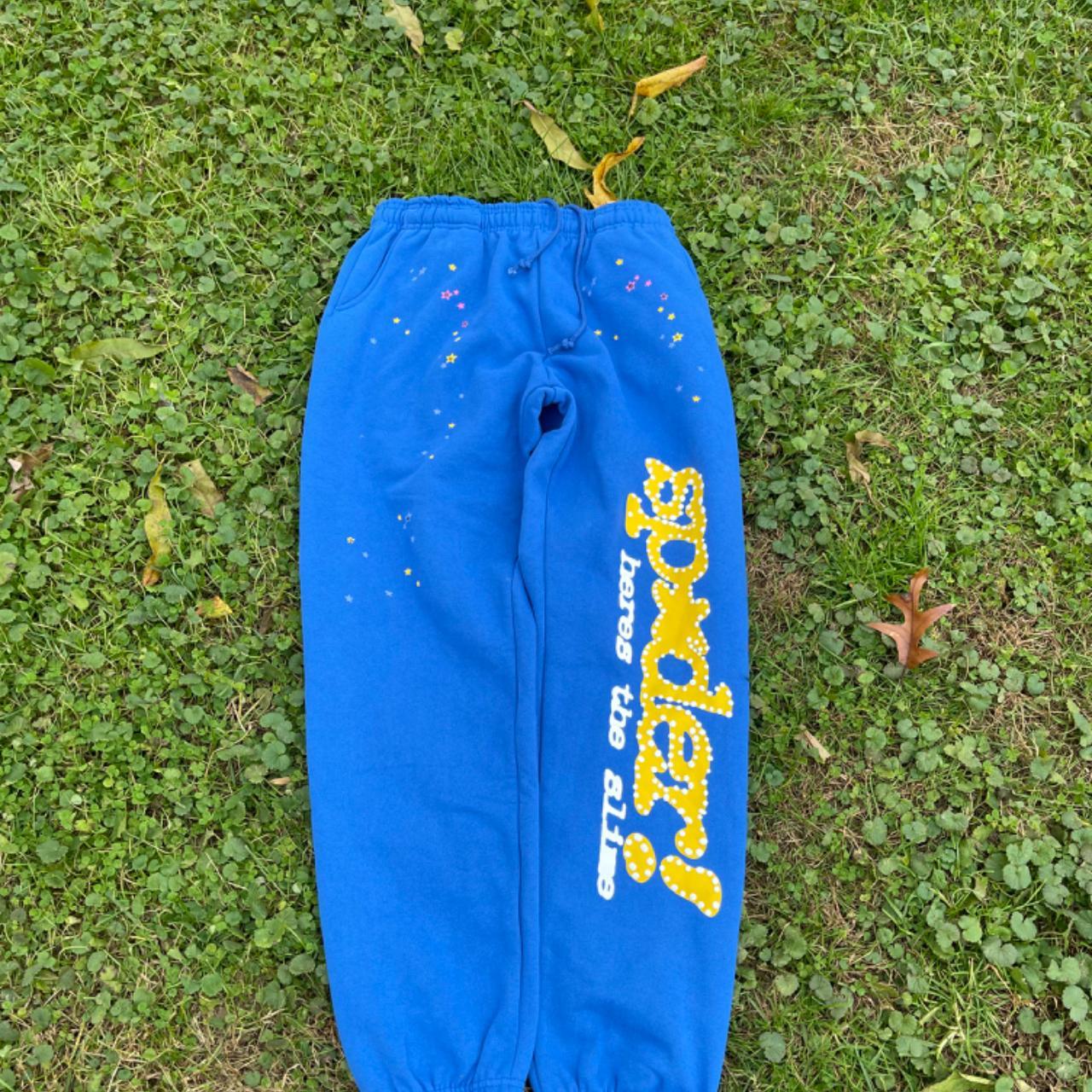 Sp5der Sweatpants blue tc size small Brand new... - Depop