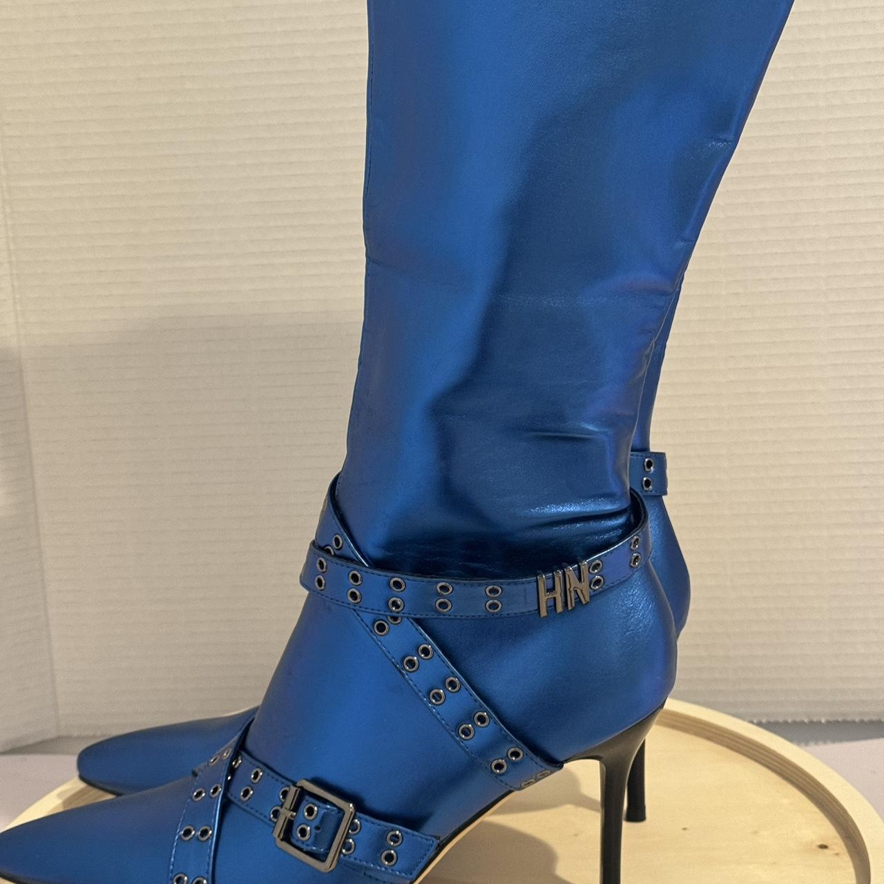 Metallic Blue knee high boots with pointy heels and... - Depop